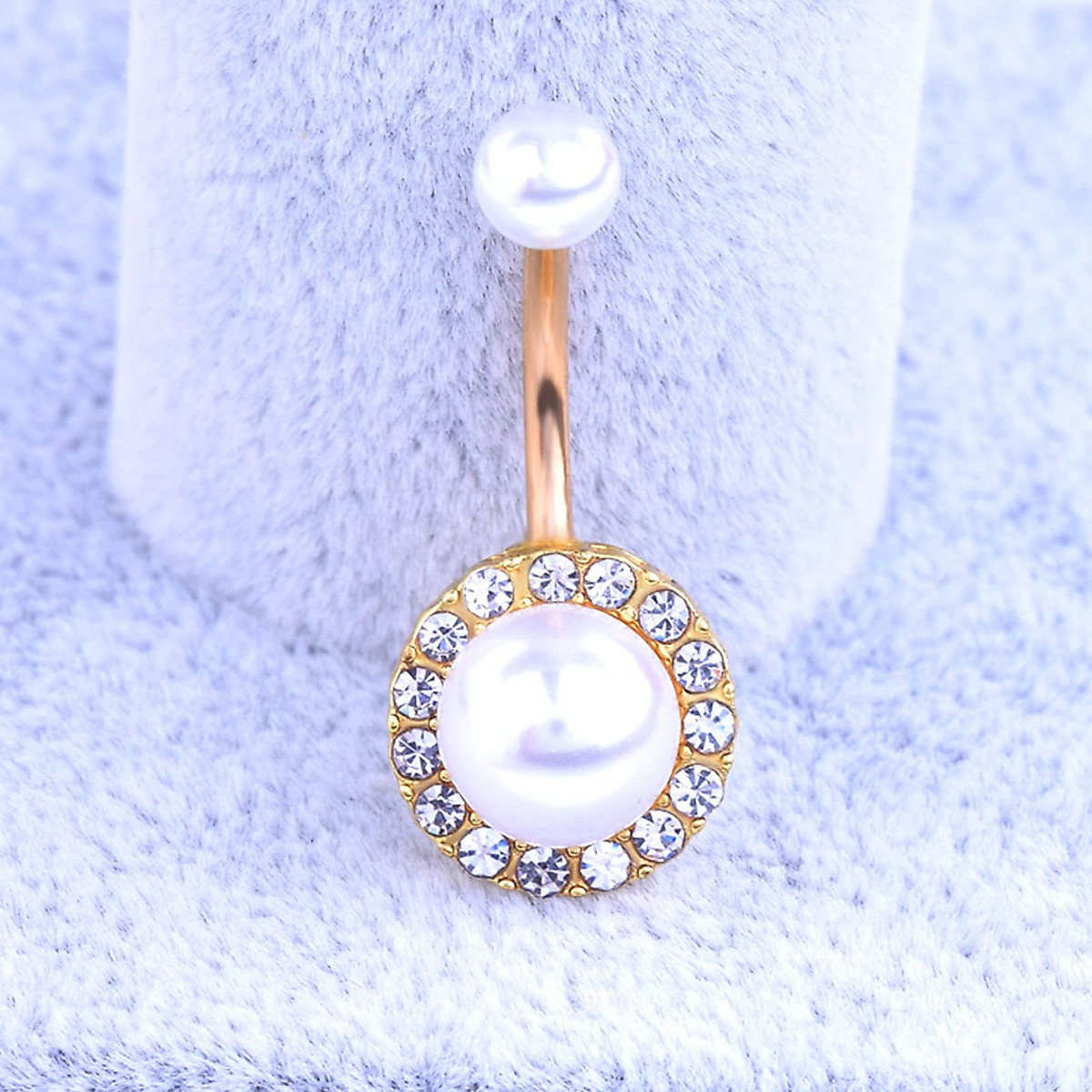 Lenacou Pearl Flower Belly Button Rings 14G Surgical Stainless Steel Navel Barbell Stud Cubic Zirconia Body Piercing (Silver)