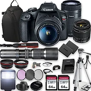 Canon EOS Rebel T7 DSLR Camera w/EF-S 18-55mm f/3.5-5.6 is II Lens + EF-S 55-250mm f/4-5.6 is STM Lens + 500mm f/8 Focus Lens + 2X 64GB Memory + Case + Filters + Tripod + More (35pc Bundle)