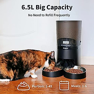 Automatic Cat Feeder for 2 Cats, ALUKE 6.5L Pet Feeder for Cats & Dogs Dry Food Dispenser with Desiccant Bag, Stainless Steel Bowls & Lock Lid, Dual Power Supply 10s Meal Call 6 Meals Per Day