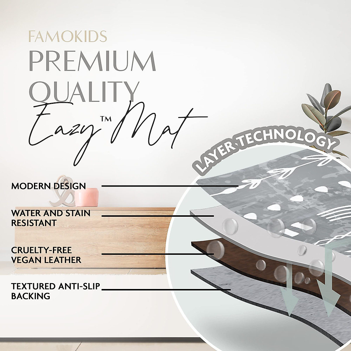 Famokids - Eazy Vegan Leather Kitchen Mat, Baby-Safe Kitchen Floor Mat, Non Slip Kitchen Floor Mats, Waterproof Mat for Kitchen Floor, Baby Playroom, & More, Rectangle, 2 x 4 ft, Pearl