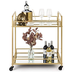 Displays2go Rolling Metal Bar Cart, Mirrored Glass Shelves, Four Swiveling Casters - Gold (FSBEVCART1)
