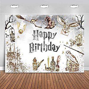 Mocsicka Wizard Birthday Backdrop Magical Castle Witch Wizard School Happy Birthday Photography Background Vinyl Kids Sorcerer Theme Birthday Party Cake Table Decoration Photo Booth (Gray, 7x5ft)