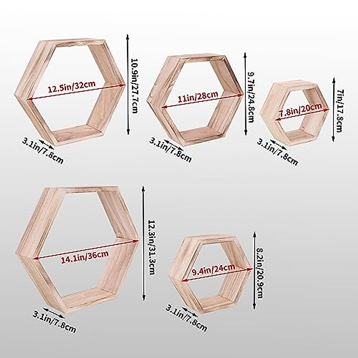 WONFUlity Hexagon Floating Shelves, Wall Mounted Wood Farmhouse Storage Honeycomb Shelves Set of 5 Wall Shelf for Bathroom, Kitchen, Bedroom, Living Room,Driftwood Finish Wall Decor, Light Brown