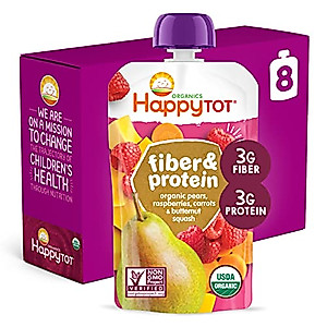 Happy Tot Organics Stage 4 Baby Food Pouches, Gluten Free, Vegan Snack, Fiber & Protein Fruit & Veggie Puree, Pears, Raspberries, Butternut Squash & Carrots, 4 Ounce (Pack of 8)
