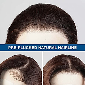 GLAM21USA HD Lace Front Straight Curly Wig 13X6 Glueless Invisible Transparent Frontal Wig Long Human Hair Blend PrePlucked Hairline Swiss-Lace Synthetic Wigs - Tastee (28 Inch, 1B-OFFBLACK)