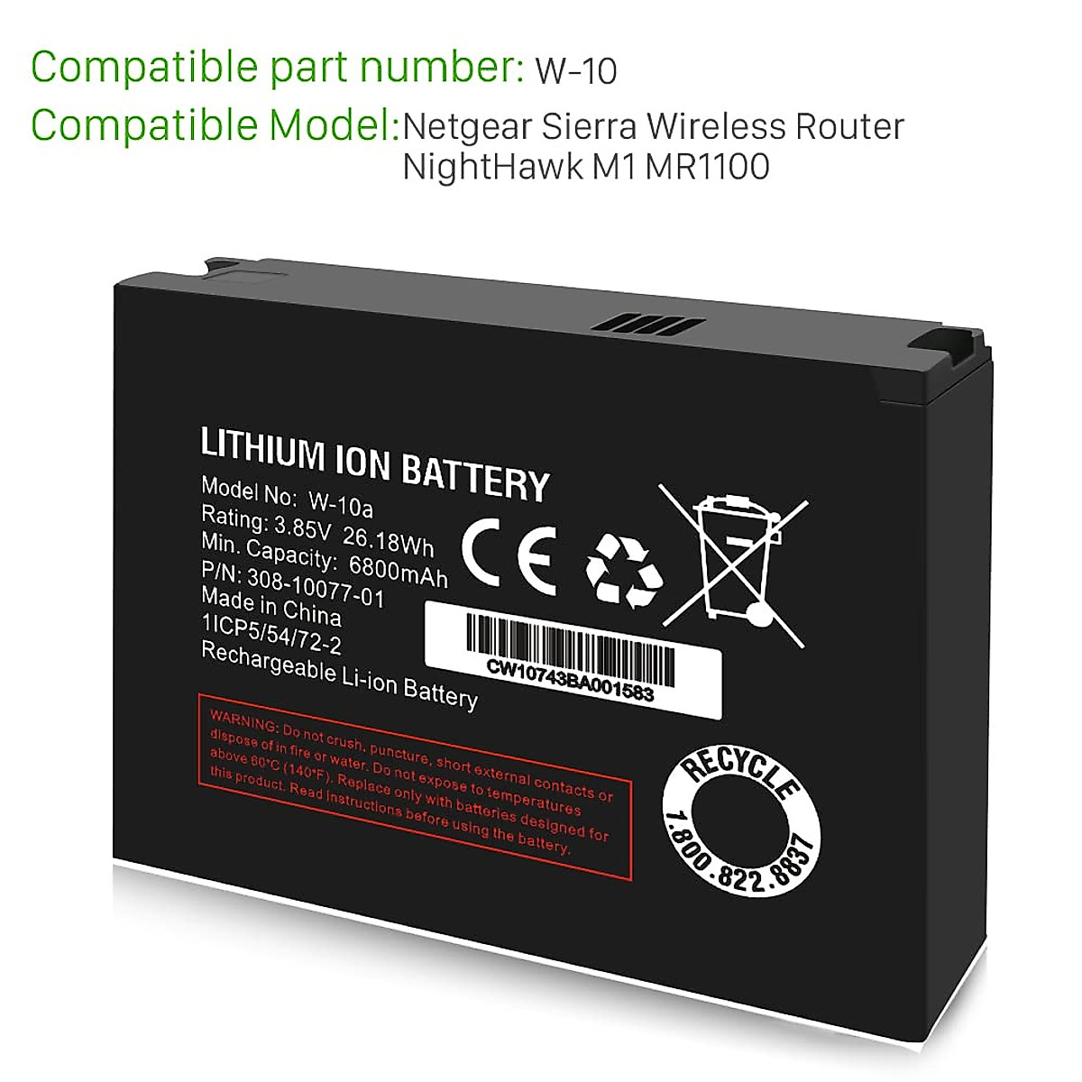 W-10a Battery, 6800mAh High Capacity Li-ion Replacement Battery for MR1100 AT&T Nighthawk M1 LTE Mobile Hotspot Route