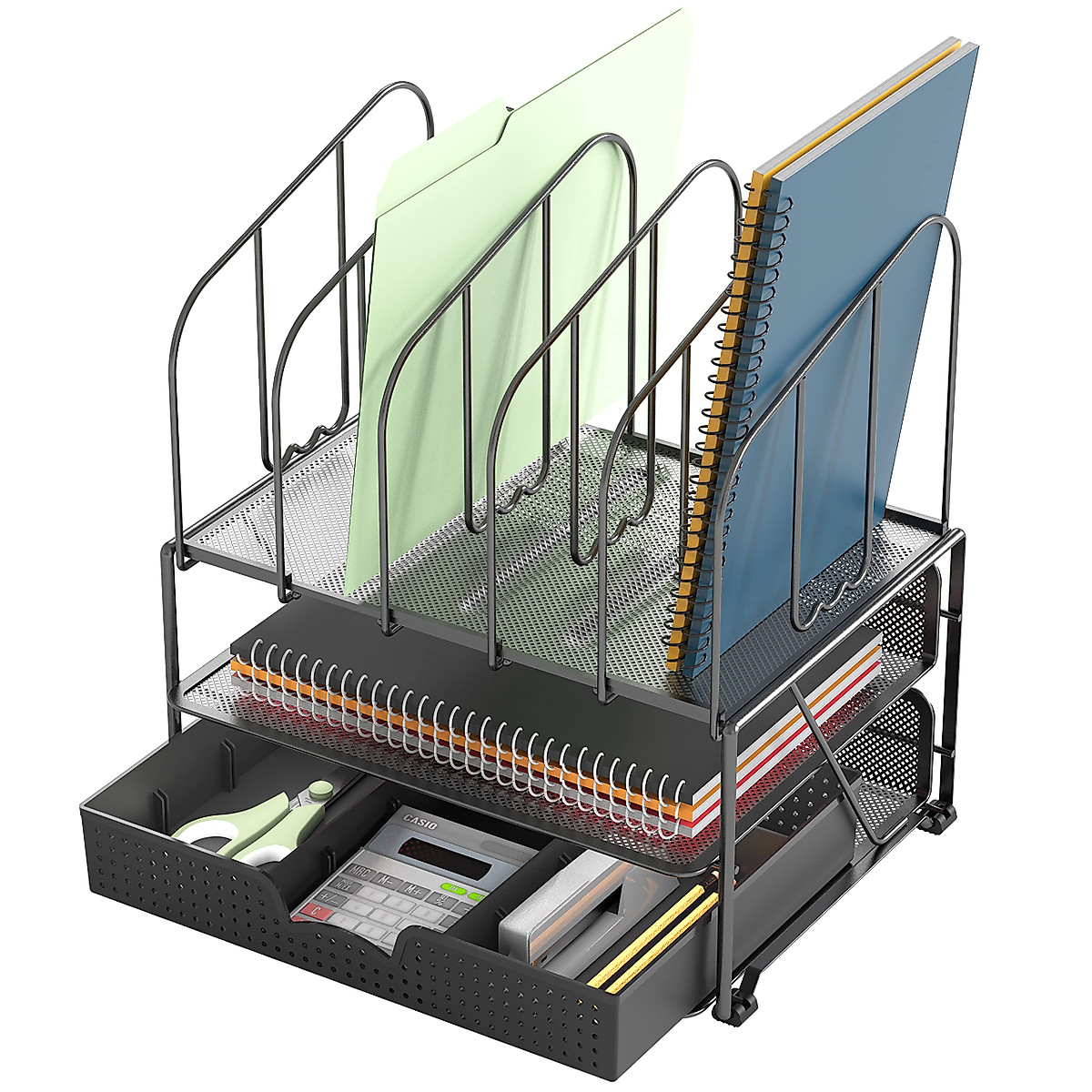DecoBros Mesh Desk Organizer with Double Tray, 5 Upright Sections and Sliding Drawer, Black