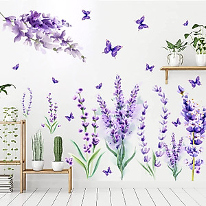 Removable Purple Lavender Wall Decals Purple Flowers Butterfly Wall Stickers DIY Removable Watercolor Floral Flowers Butterfly Wall Art Murals for Kids Girls Bedroom Living Room Nursery Office DT-6009