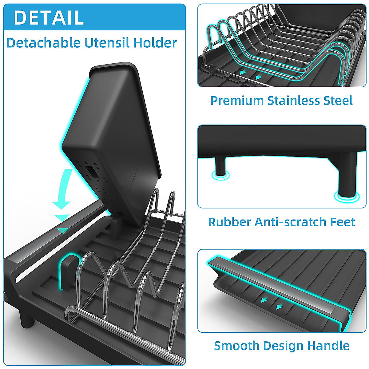 PETXPERT Dish Drying Rack, Expandable Dish Rack for Kitchen Counter with Utensil Holder, Stainless Steel Small Dish Drainer Organizer with Drainboard for Kitchen in Sink (Black)