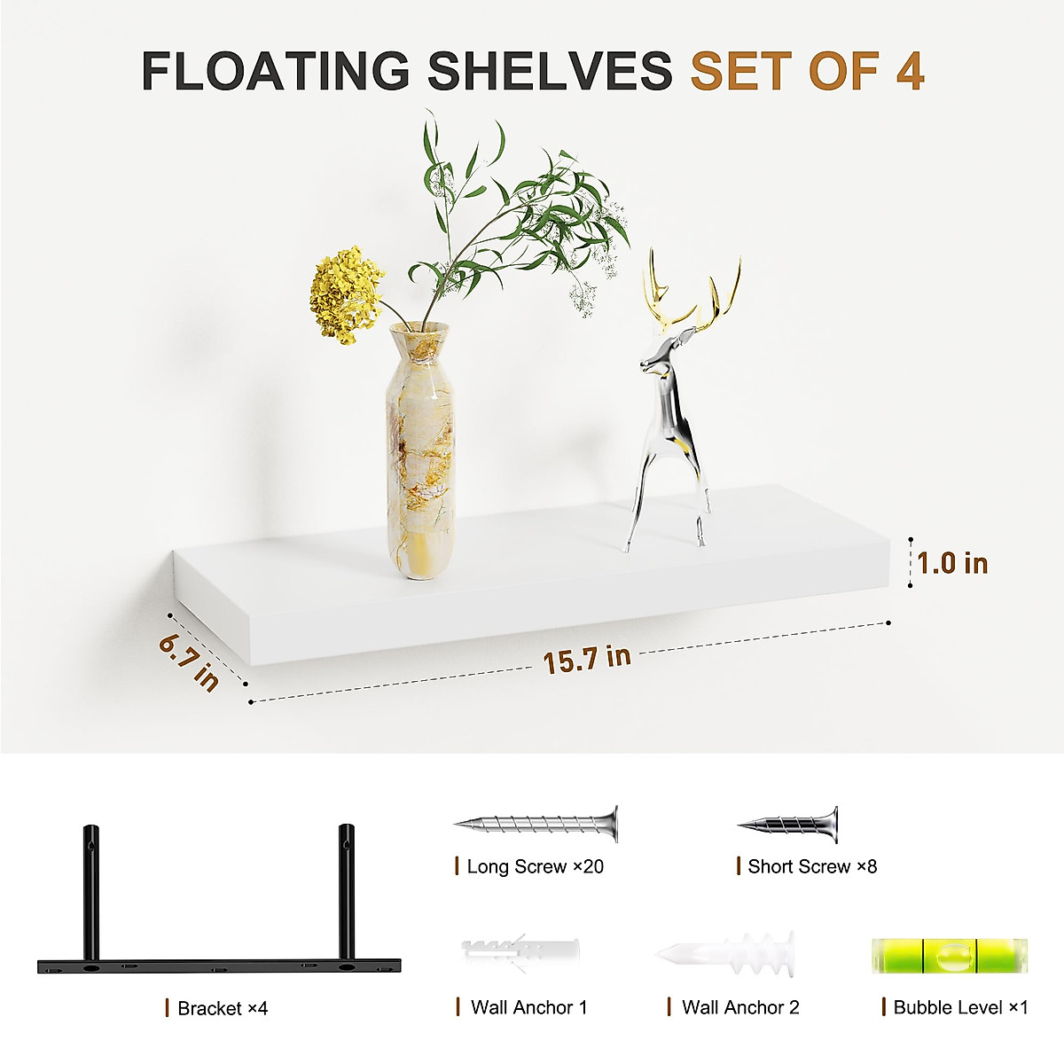 Bellsal Floating Shelves for Wall, White Engineered Wood Wall Shelf Set of 4, 16" Wall Mounted Floating Shelf for Kitchen, Living Room, Bedroom, Bathroom Storage, Book Shelf for Wall Home Decor