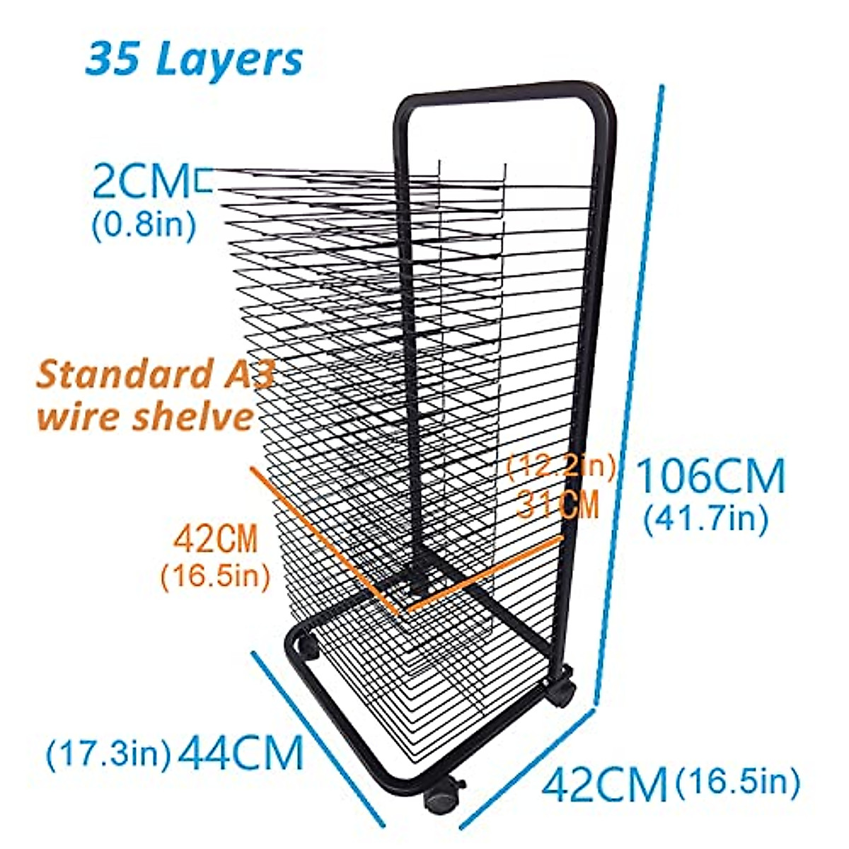 Wire Art Drying Rack Flexible Shelves Mobile Cart A3 Paper Painting Drying Shelf Children's Artwork Canvas Storage Art Rack with Wheels, Ideal for Classroom, Art Studio and Home Use (Size : 35 Layer