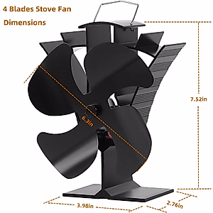 VODA Wood Stove Fan Small New Designed 4 Blades Heat Powered Fireplace Fan for Home Wood/Log Burner/Fireplace(Black)