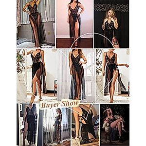 Avidlove Women Lingerie Sexy Nightgown 2 pieces Set Lace Teddy Sheer Wrap Skirt Black Medium