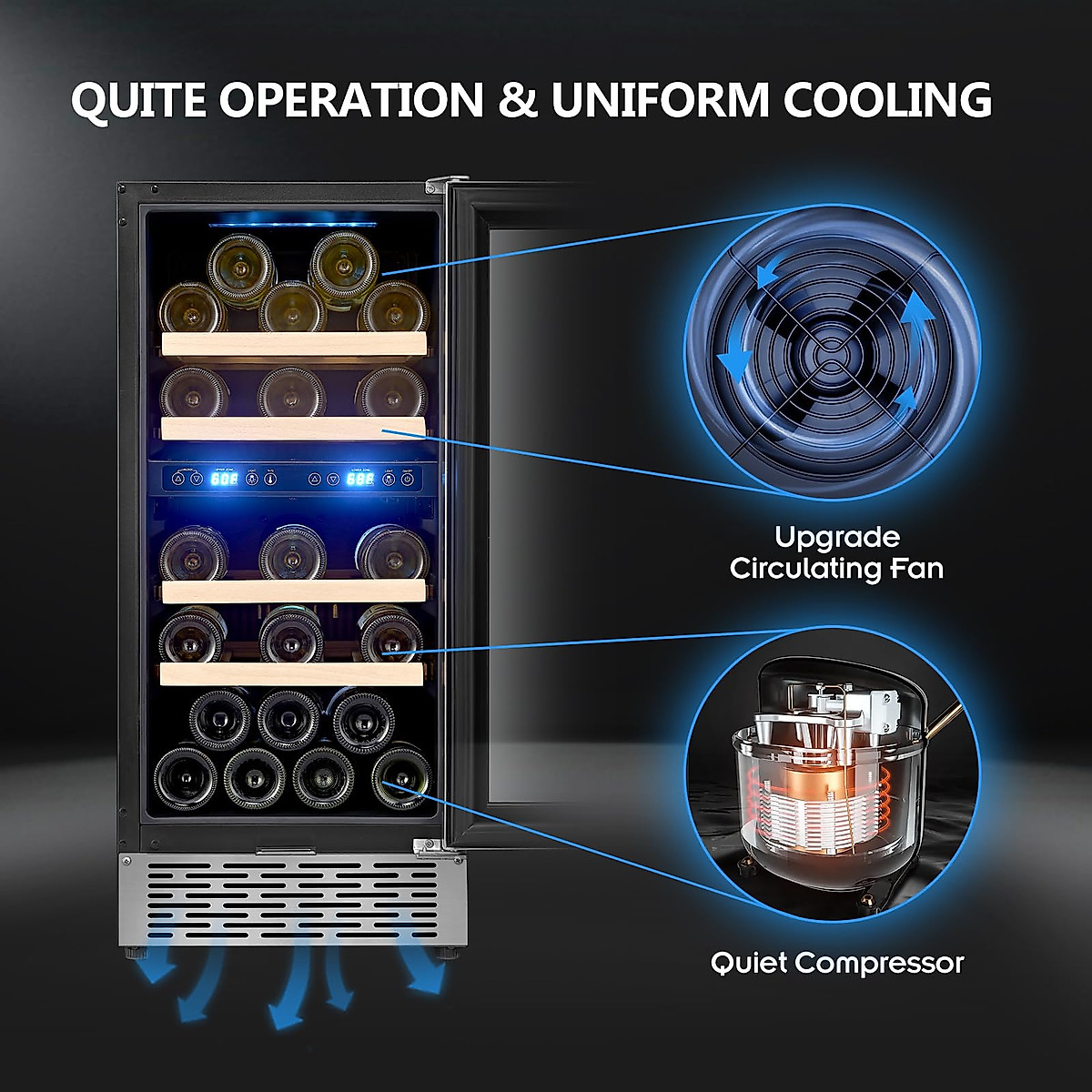 Karcassin Dual Zone 15 Inch Wine Cooler, 28 Bottle Wine Fridge with Stainless Steel Tempered Glass Door, Fit Red & White Wine, Built-in or Freestanding