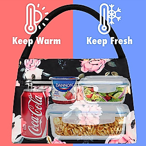 opux Lunch Box for Women, Insulated Lunch Bag Girls School Kids Teens, Cute Small Soft Cooler Tote for Women Adult Work Office, Reusable Medium Lunch Purse Pail, Floral Rose