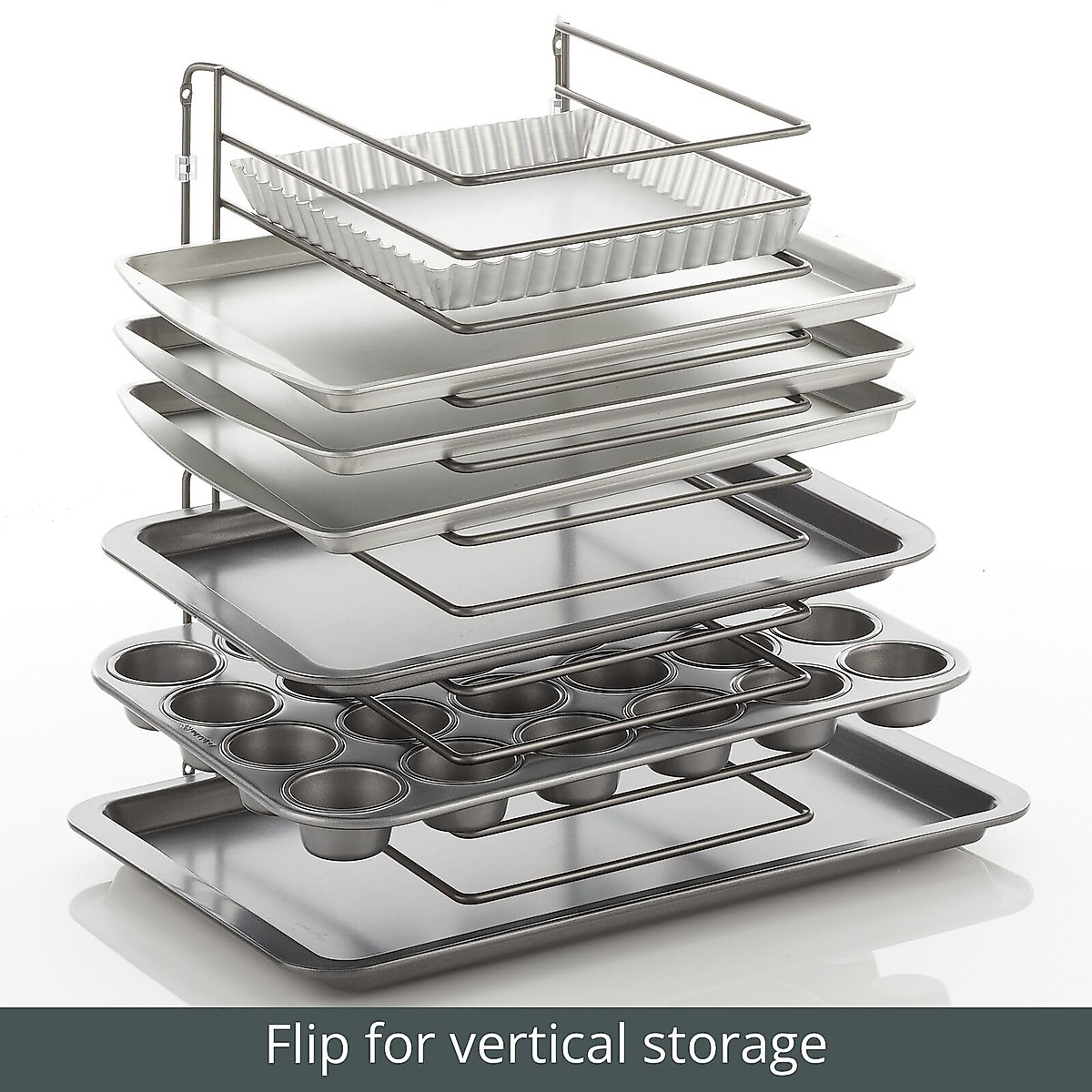mDesign Metal Wire Organizer Rack for Kitchen Cabinet, Pantry, Shelves - Holder with 11 Slots for Skillets, Frying Pans, Lids, Cutting Boards, Vertical or Horizontal Placement, Extra Large - Dark Gray