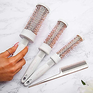 Round Brush Set for Women - Luxury Hair Brushes - Blowout Round Barrel Hairbrush for Blow Drying with Tail Comb by Lily England (White & Rose Gold)