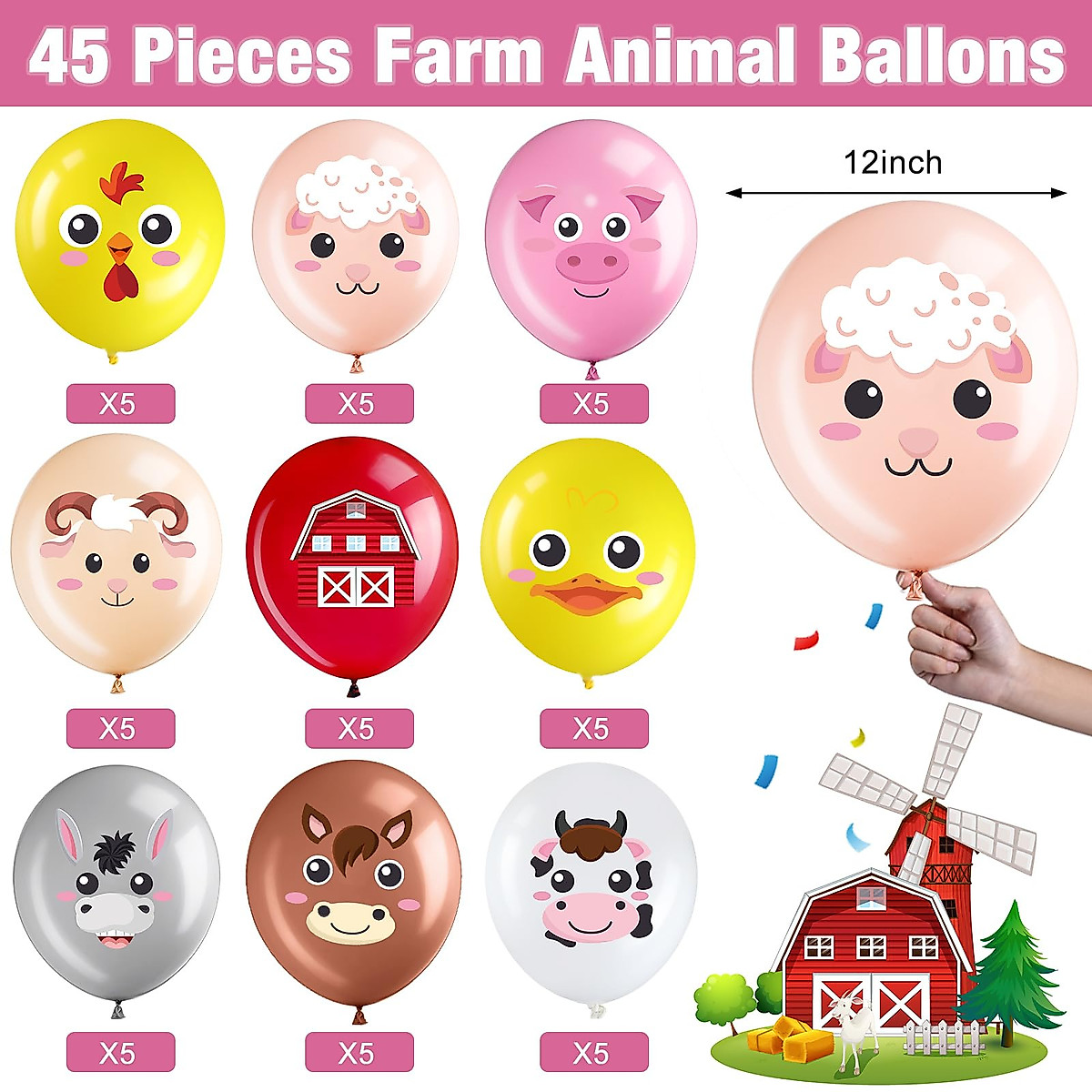 Censen 45 Pcs Animal Balloons 12 Inch Animal Latex Balloons Party Decoration for Kids Birthday Party Baby Shower Indoor Outdoor Decor (Multi Colors,Farm Animal)