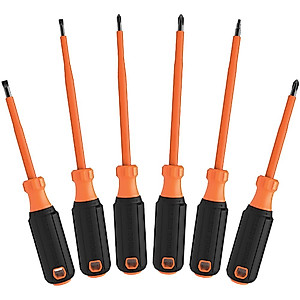 Klein Tools 85076INS Insulated Screwdriver Set features 1000V Screwdrivers, (3) Phillips and (2) Slotted and Square Tips, 6-Piece