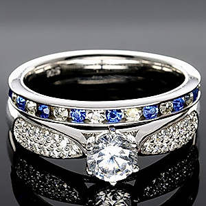His and Hers 925 Sterling Silver Blue Saphire Stainless Steel Wedding Rings Set Blue #SP24BLMSBL (Size His 10, Hers 07)