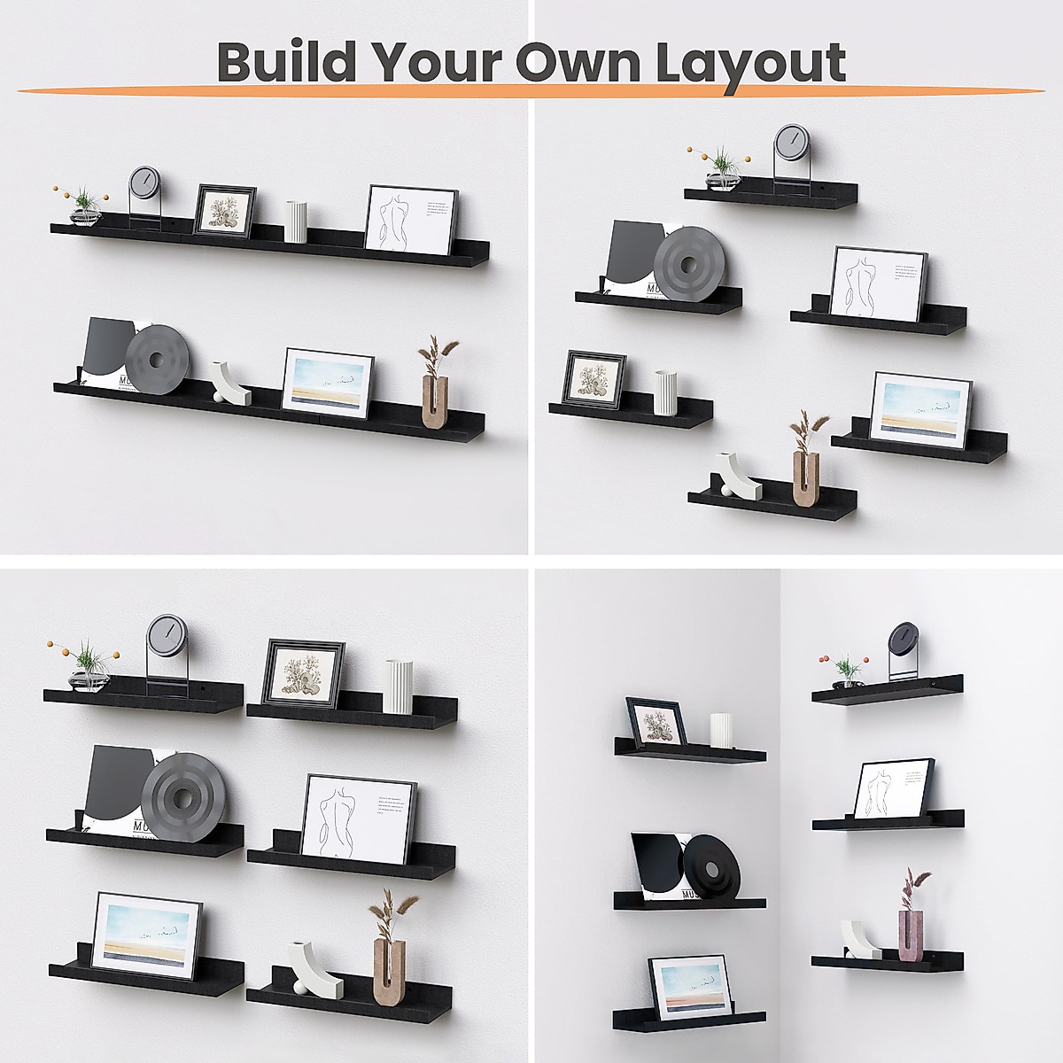 upsimples Floating Shelves for Wall, Wall Shelves for Decor Storage Set of 6, Wall Mounted Wood Shelves for Bedroom, Living Room, Bathroom, Kitchen, Picture Ledge Shelves, Black