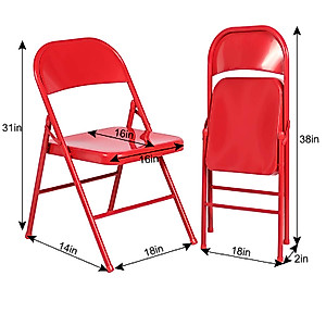 VECELO Folding Chairs Metal Frame Steel Seat with Triple Braced for Home Office,No-Assembly Heavy-Duty&Stackable Space Saving, Set of 4, True Red