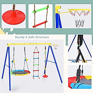 Saucer Swing Set for Backyard 4 in 1, YMERSEN Swing Set Outdoor for Kids with Steel Frames, Climbing Rope with Disc Tree Swing Play Set, and Basketball Hoop Blue