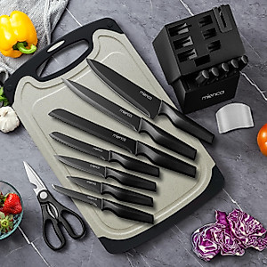 Kitchen Knife Set with Block and Sharpener 16 Pcs German Stainless Steel Knife Block Set with Cutting Board, Finger Protector for Cutting Food and Knife Sharpener Knives Set for Kitchen