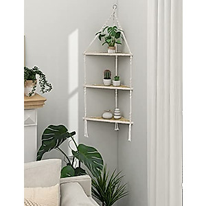 Mazjoaru Macrame Corner Shelves 3 Tier, Boho Handmade Woven White Rope Beige Hanging Floating Shelf Decor Display Storage Organizer for Bedroom Bathroom Office Living Room
