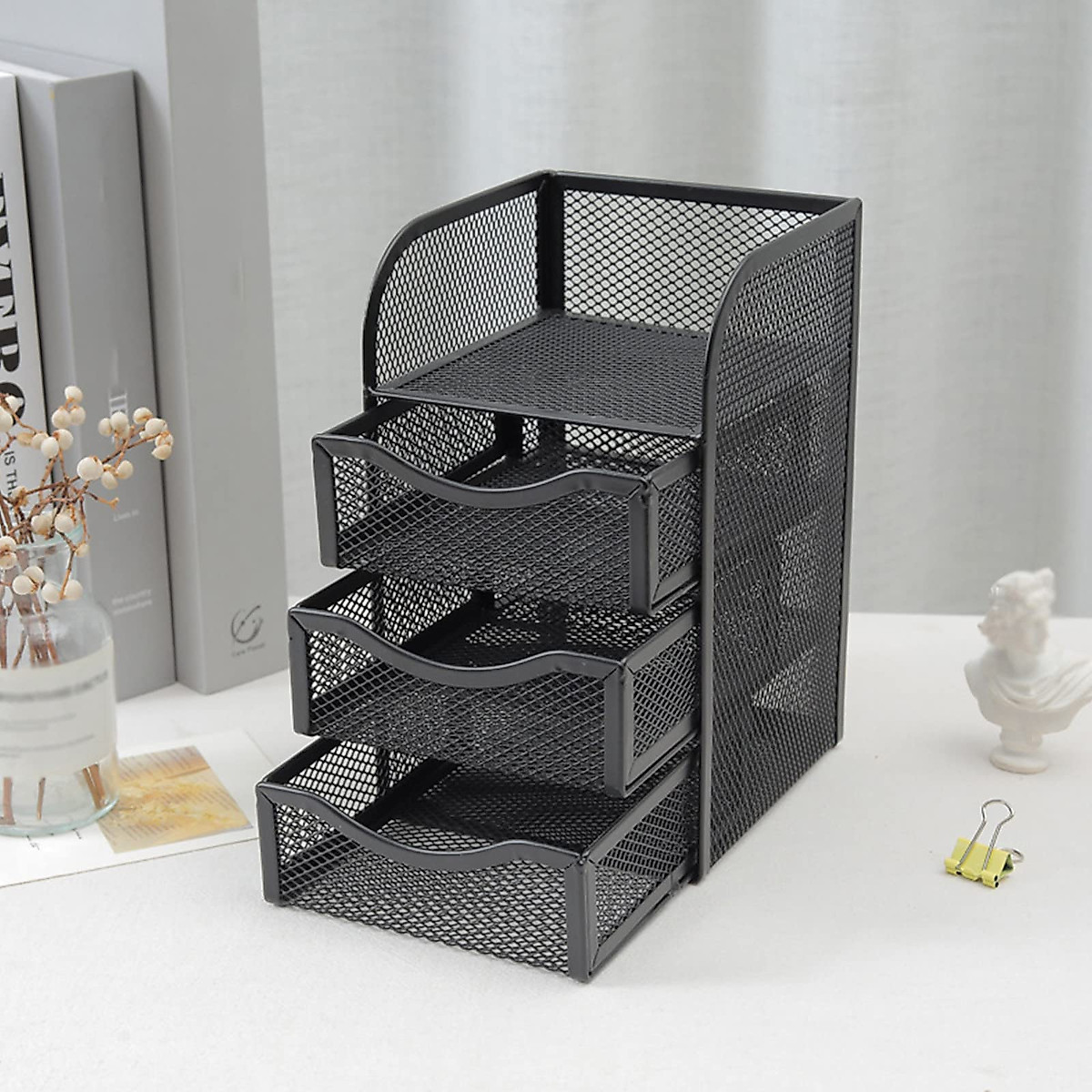 Lovskoo Mesh Desk Organizer with 3 Drawers - Office Desk Accessories & Workspace Organizer - Black