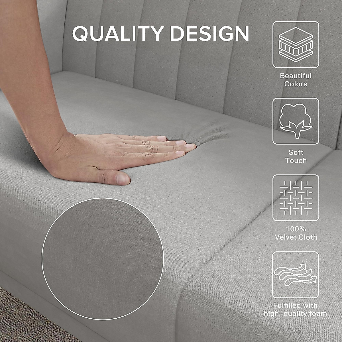 ZeeFu Convertible Futon Sofa Bed,74" Modern Grey Velvet Convertible Folding Sleeper Sofa Bed with Adjustable Backrest,Upholstered Reclining Futon Sofa Couch for Living Room Bedroom Office Apartments