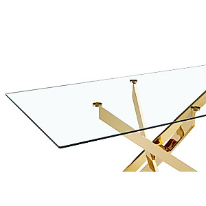 HAIZAO 63" Glass Dining Table for 4-6, Contemporary Rectangular Dining Room Table with Tempered Glass Top & Gold Finish Stainless Steel Legs, Modern Large Kitchen Table for Home Office
