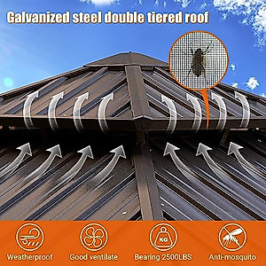 Zevemomo 12x12 ft Hardtop Gazebo, All Weather Outdoor Gazebo with 2 Tiered Steel Roof and Aluminum Frame, Permanent Gazebo with Mosquito Netting and Curtains for Deck, Patio, Backyard, Dark Brown