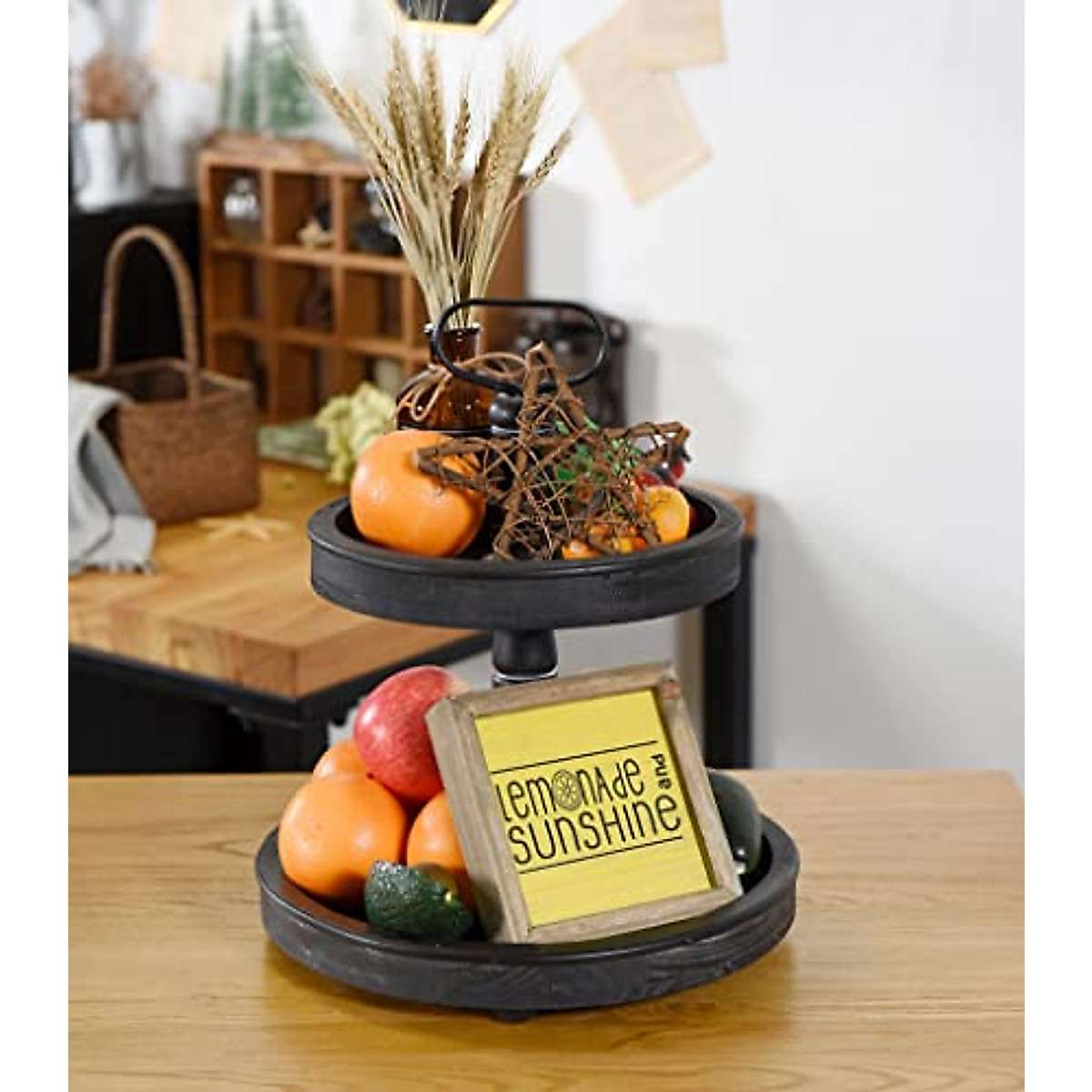 Funly mee Distressed Rustic Black Wood Two-Tier Tray with Metal Handle,Decorative Organizer for Kitchen Counter Top, Dining Room Table(Black)