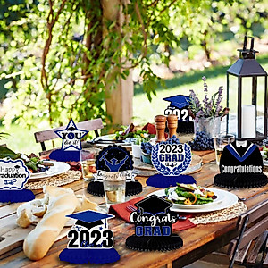 LINGTEER Congrats Grad,Class of 2023 Graduation Table Honeycomb Centerpieces - 8 pcs 2023 Graduation Party Decorations Sign - Blue.