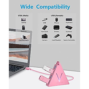 JoyReken 4-Port USB 3.0 Hub, FlyingVHUB Vertical Data USB Hub with 2 ft Extended Cable, for Mac, PC, Xbox One, PS4, PS5, iMac, Surface Pro, XPS, Laptop, Desktop, Flash Drive, Mobile HDD(Pink)