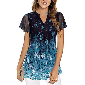 Youtalia Womens Petite Tunic Tops Short Sleeve, Ladies Blouses and Tops Dressy V Neck Floral Work Blouses Polyester Shirts Fancy Women Tops Evening Party Layered Dress Shirts Blue Sakura M