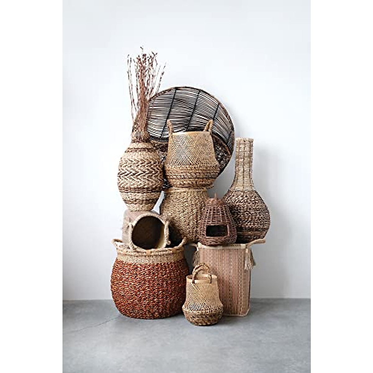 Creative Co-Op 14.25", 18" & 22" Handwoven Seagrass Handles & Tassels (Set of 3 Sizes) Baskets, Multicolor