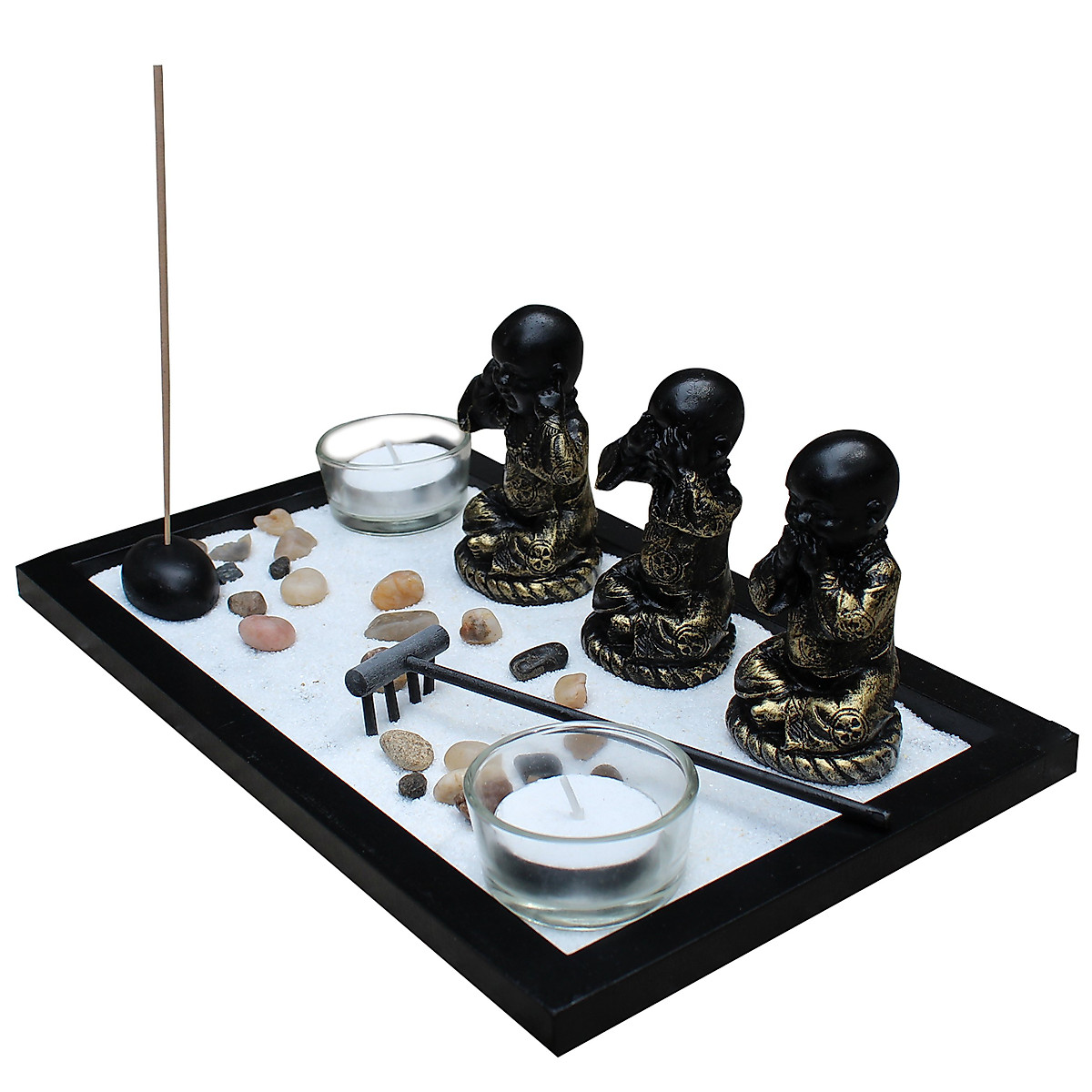 Zen Garden Meditation Garden 3 Buddha See, Speak, Hear No Evil Statues, Incense Holder, Incense, 2 Tea Light Holders, Rocks, Sand, Rake (Candles Not Included)