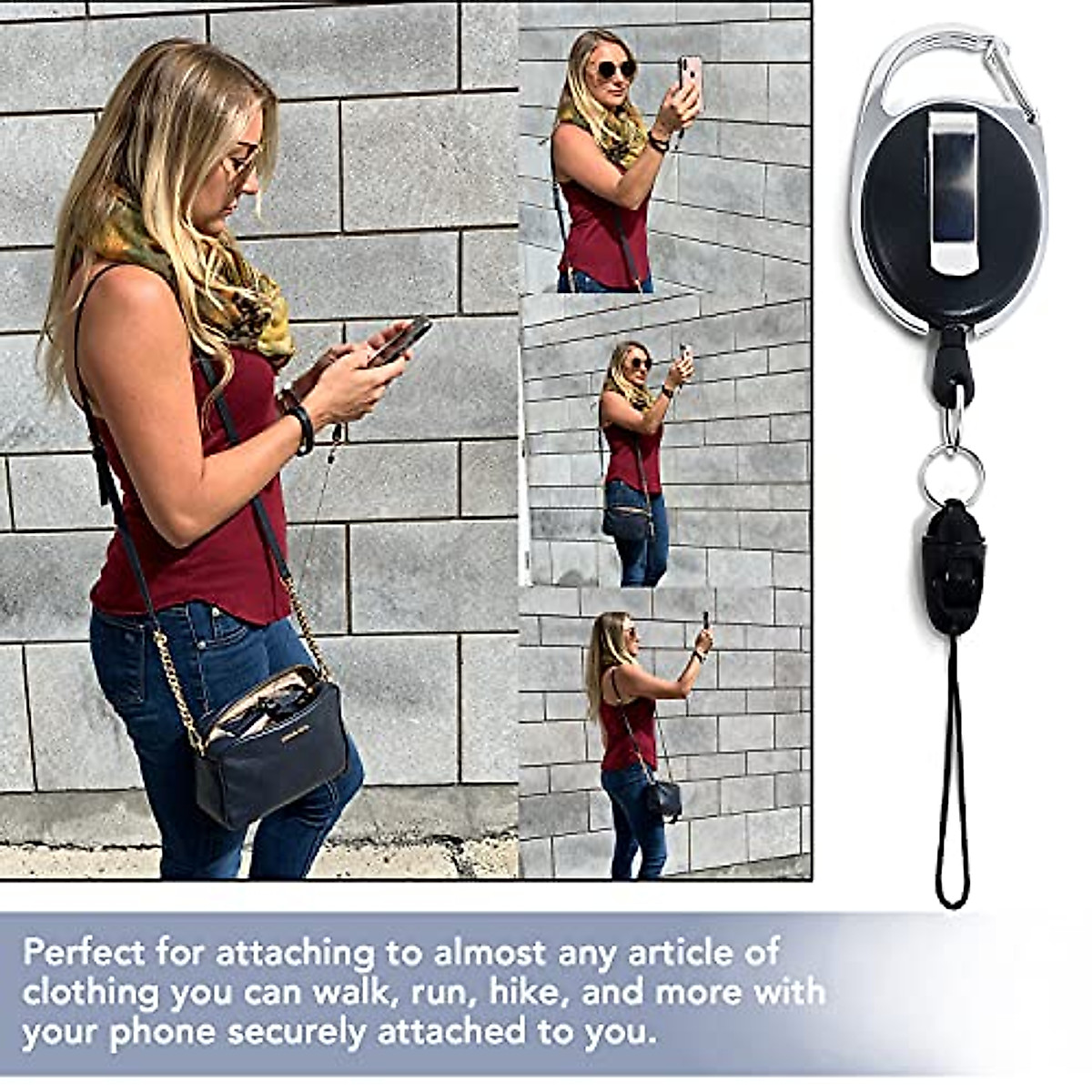 Phone Assured Phone Tether - 31" Safety Anti Theft Retractable Phone Clip - Anti-Drop Travel Clip - Black Smartphone Clip for Pants or Purse - Universal Connection Fits Any Smartphone Case (1 Pack)