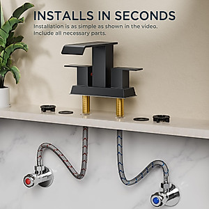 FORIOUS Square Waterfall Black Bathroom Faucets 3 Hole or 2 Hole, Centerset Bathroom Sink Faucet 4 Inch with Metal Pop Up Drain and Hose, Matte Black Faucet for Bathroom Sink Vanity RV 2 Handle