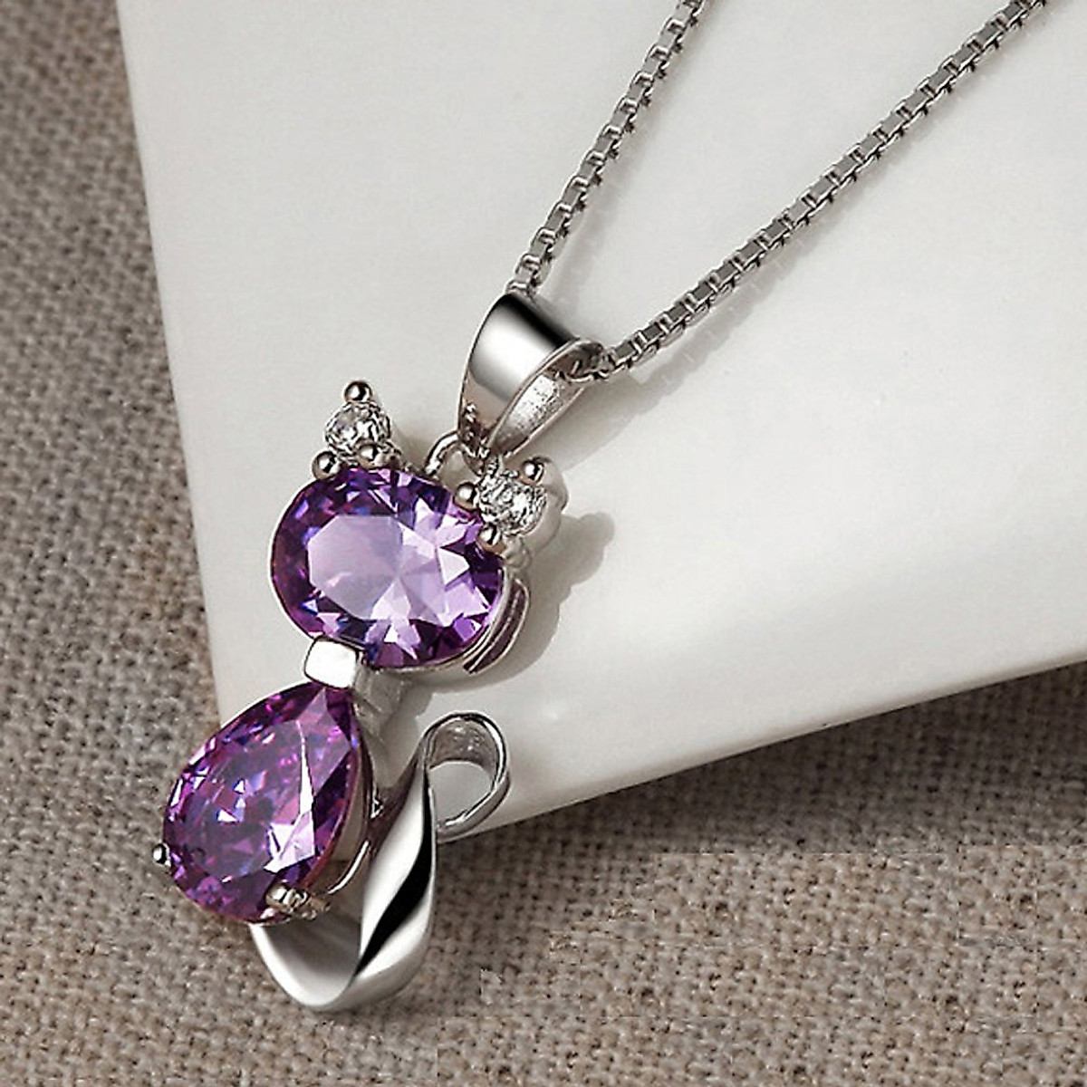 DreamsEden Cat Necklace, 18'' Silver Box Chain Women's Amethyst Cat Pendant Jewelry, Purple (Gift Box & Greeting Card)
