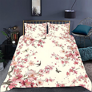 CCoutueChen Japanese Cherry Blossoms Duvet Cover Set King Size Pastel Pink Floral Comforter Bedding Set Nature Duvet Covers for Girls Women Adults Exquisite Flowers Duvet Cover with 2 Pillowcases