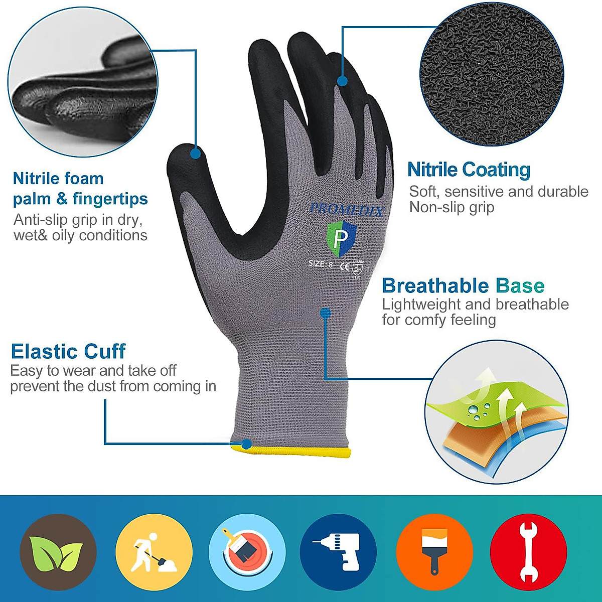 PROMEDIX P Work Gloves MicroFoam Nitrile Coated,Safety Work Gloves Men 3/12/36-pairs,EN388-4131,Nylon&Spandex Work Gloves