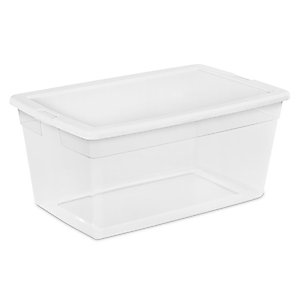 Sterilite 90 Qt Storage Box, Stackable Bin with Lid, Plastic Container to Organize Clothes, Blankets, Towels in Closet, Clear with White Lid, ‎29.75"L x 13.5"W x 18.75"H, 4-Pack