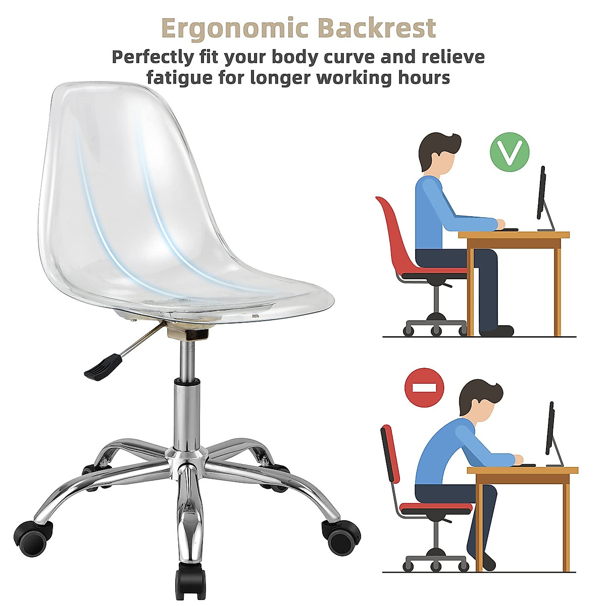 Giantex Acrylic Desk Chair, Clear Armless Office Rolling Chair, Height Adjustable Leisure Ghost Chair w/Chromed Base, Modern Cute Vanity Chair, Swivel Computer Chair for Home Office