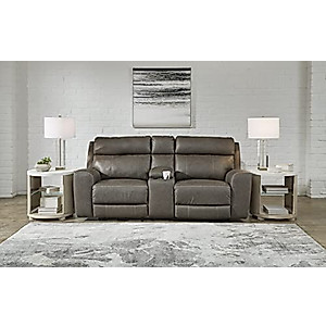 Signature Design by Ashley Roman Contemporary Tufted Leather Power Reclining Loveseat with Console and Adjustable Headrest, Gray