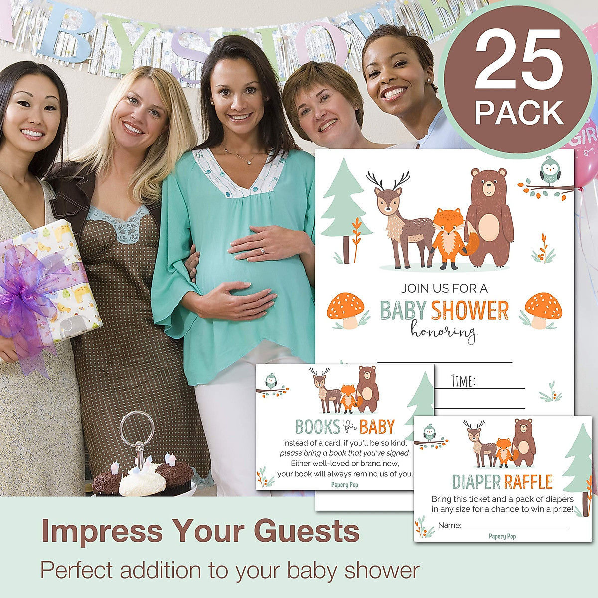 Set of 25 Baby Shower Invitations for Boy or Girl with Envelopes, Diaper Raffle Tickets and Baby Shower Book Request Cards - Gender Neutral Woodland Animals