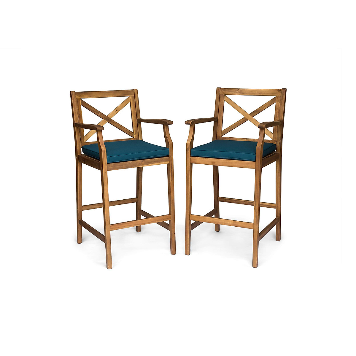 Christopher Knight Home Logan Outdoor Acacia Wood Barstool, Teak Finish/Blue