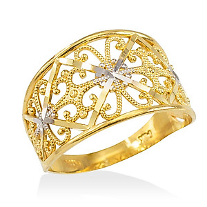 Fine 10k Two-Tone Gold Milgrain Edge Four Leaf Clover Filigree Cocktail Ring (Size 11.5)
